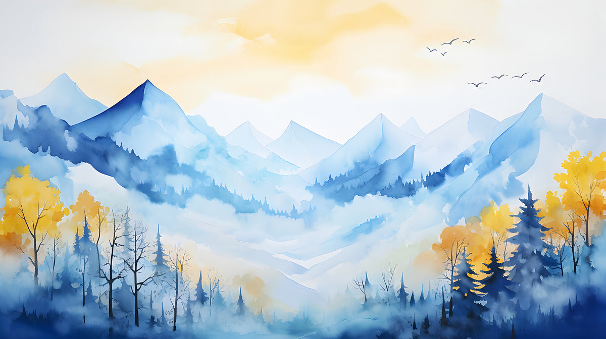 Blue and Yellow Landscape Mural - Watercolor Mountains Wallpaper