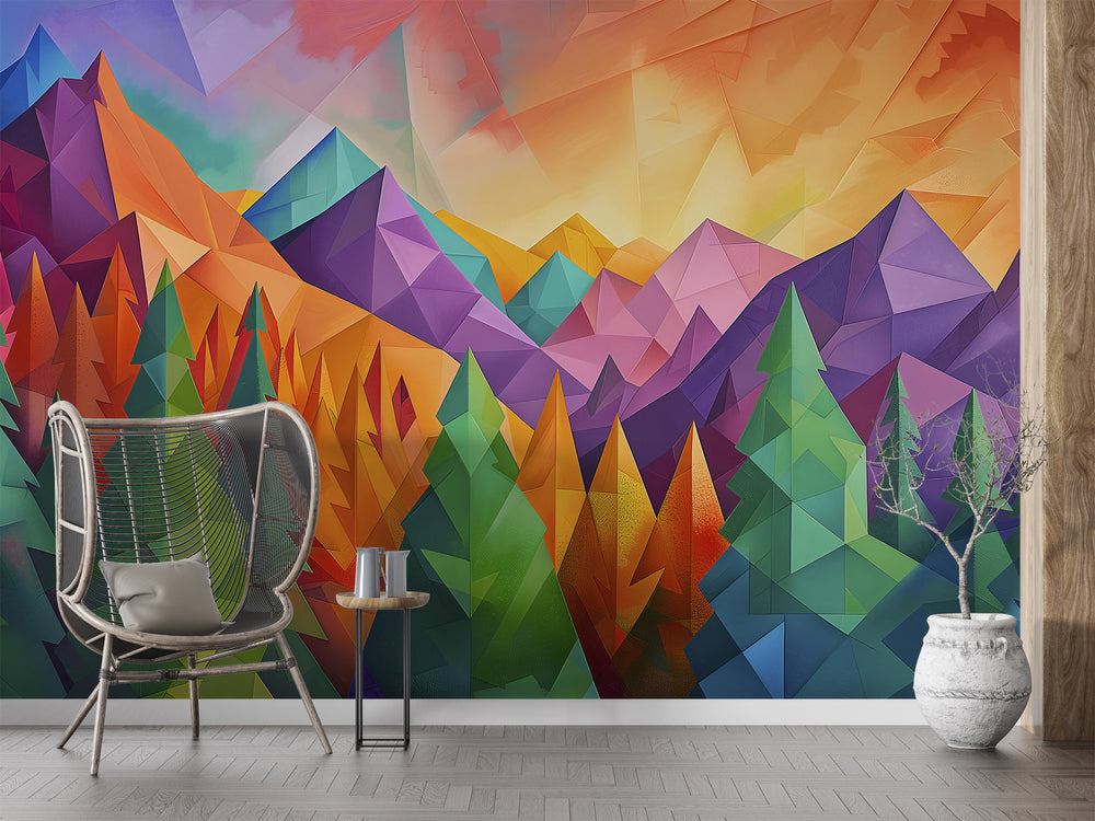 Colorful Mountains and Forest Mural - Peel & Stick Cubism Style Mural