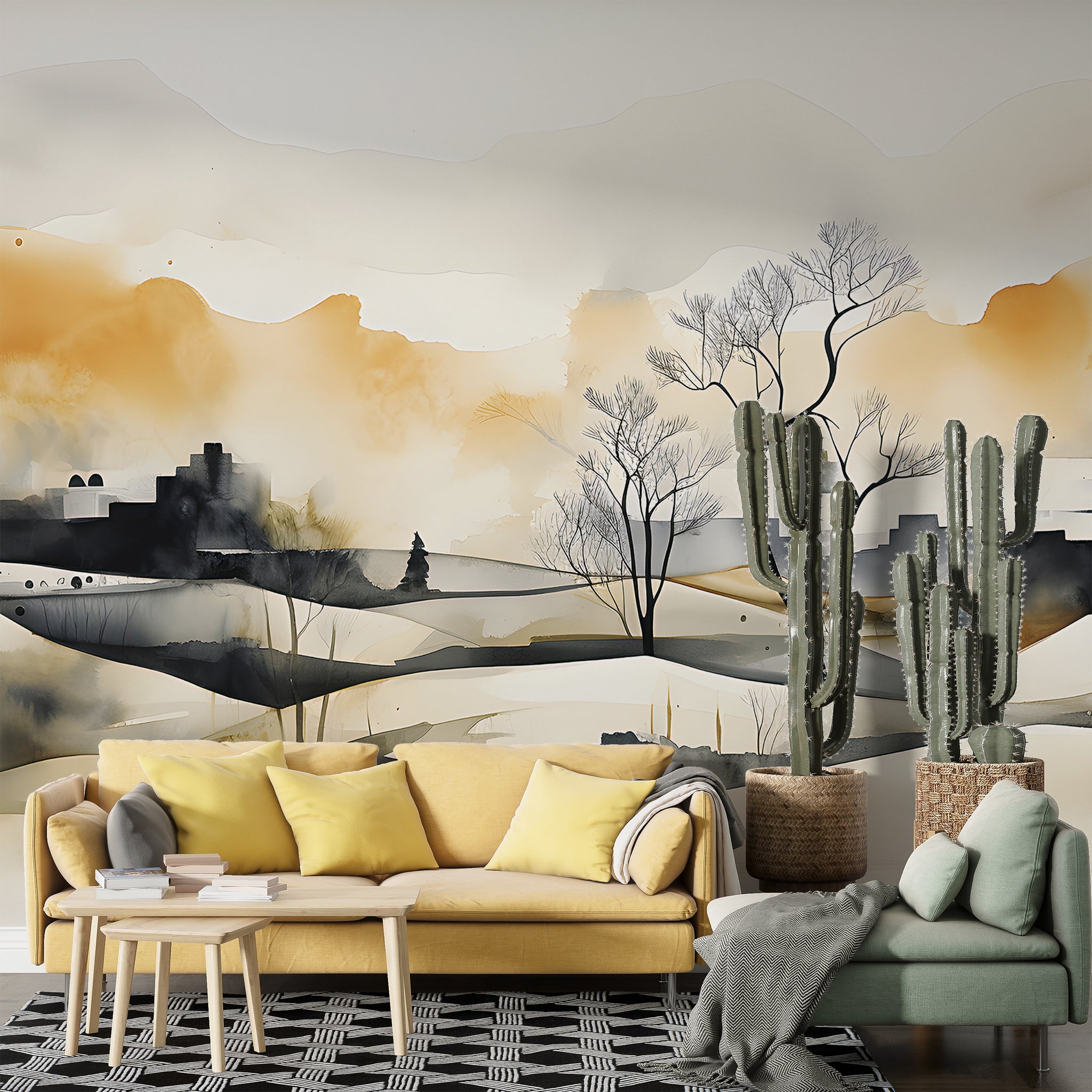 Abstract Landscape Wall Mural - Watercolor Yellow Wallpaper