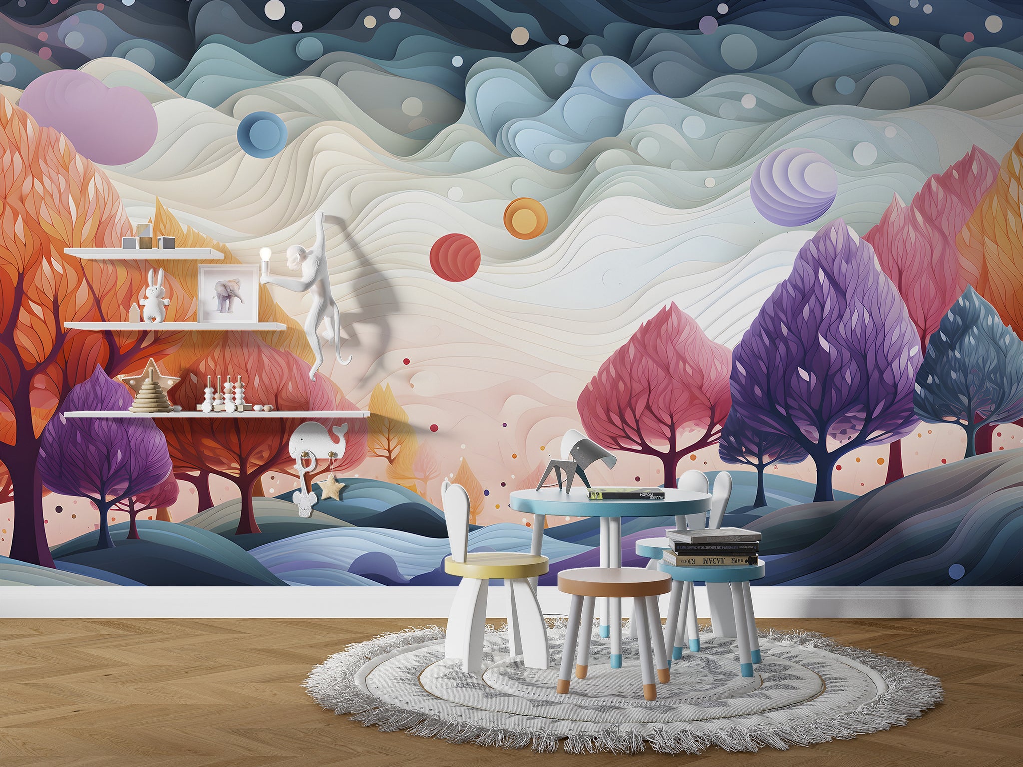 Abstract Landscape Mural | Colorful Trees and Clouds Wallpaper