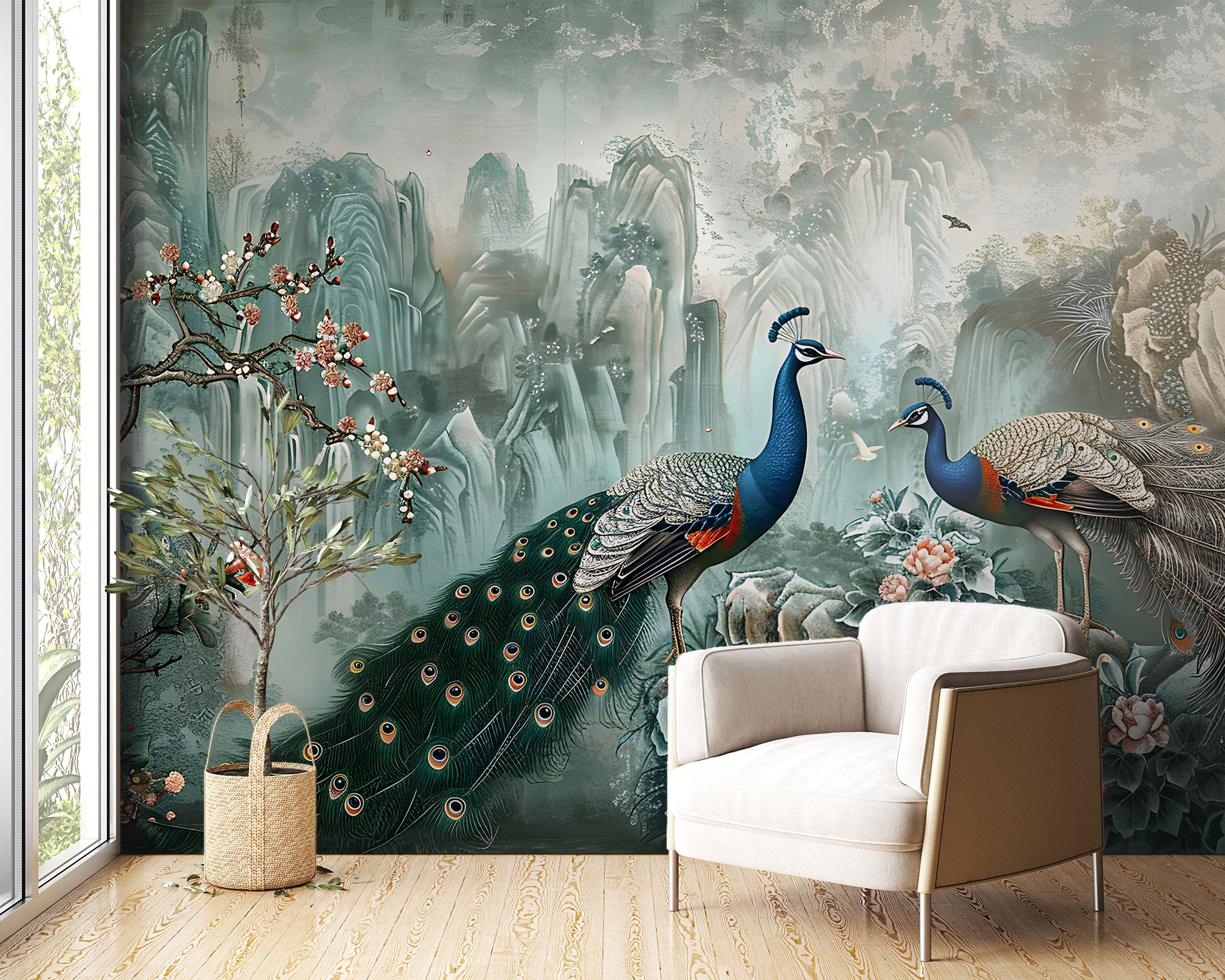 Green Chinoiserie Wallpaper - Peacock Wall Mural