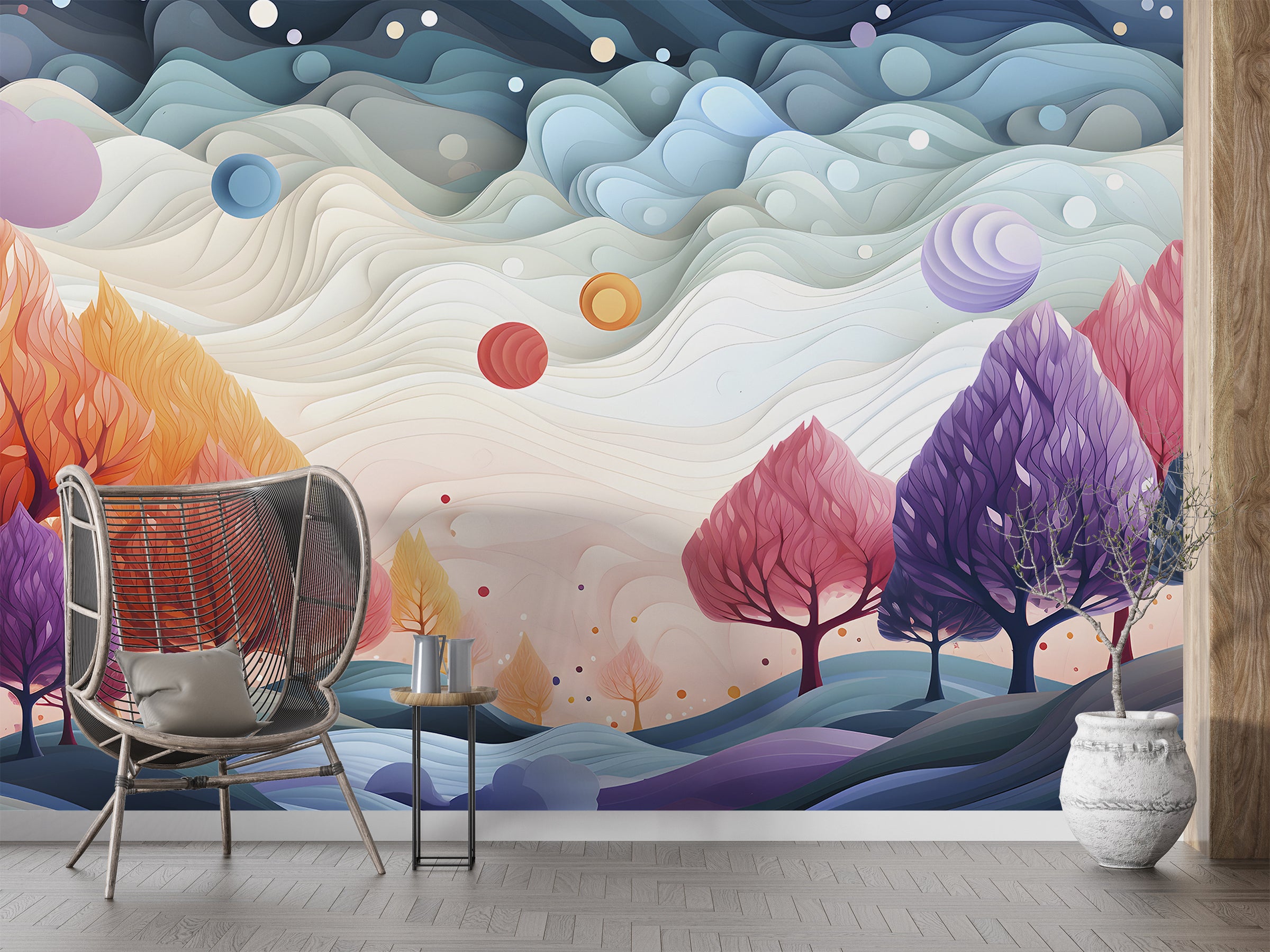 Abstract Landscape Mural | Colorful Trees and Clouds Wallpaper