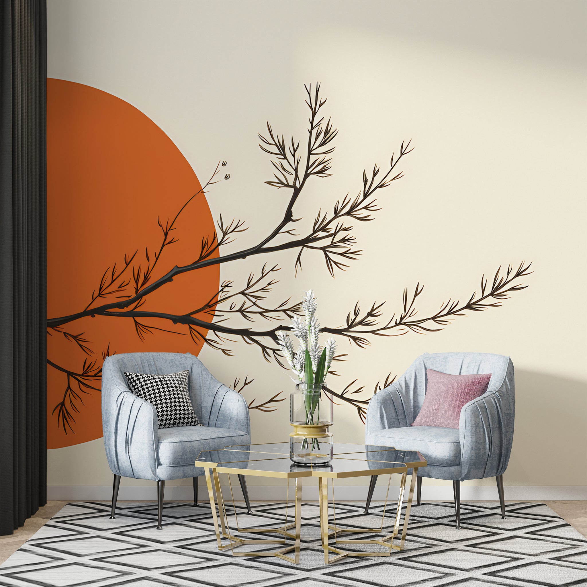 Tree Branch Murals - Peel and Stick Orange and Beige