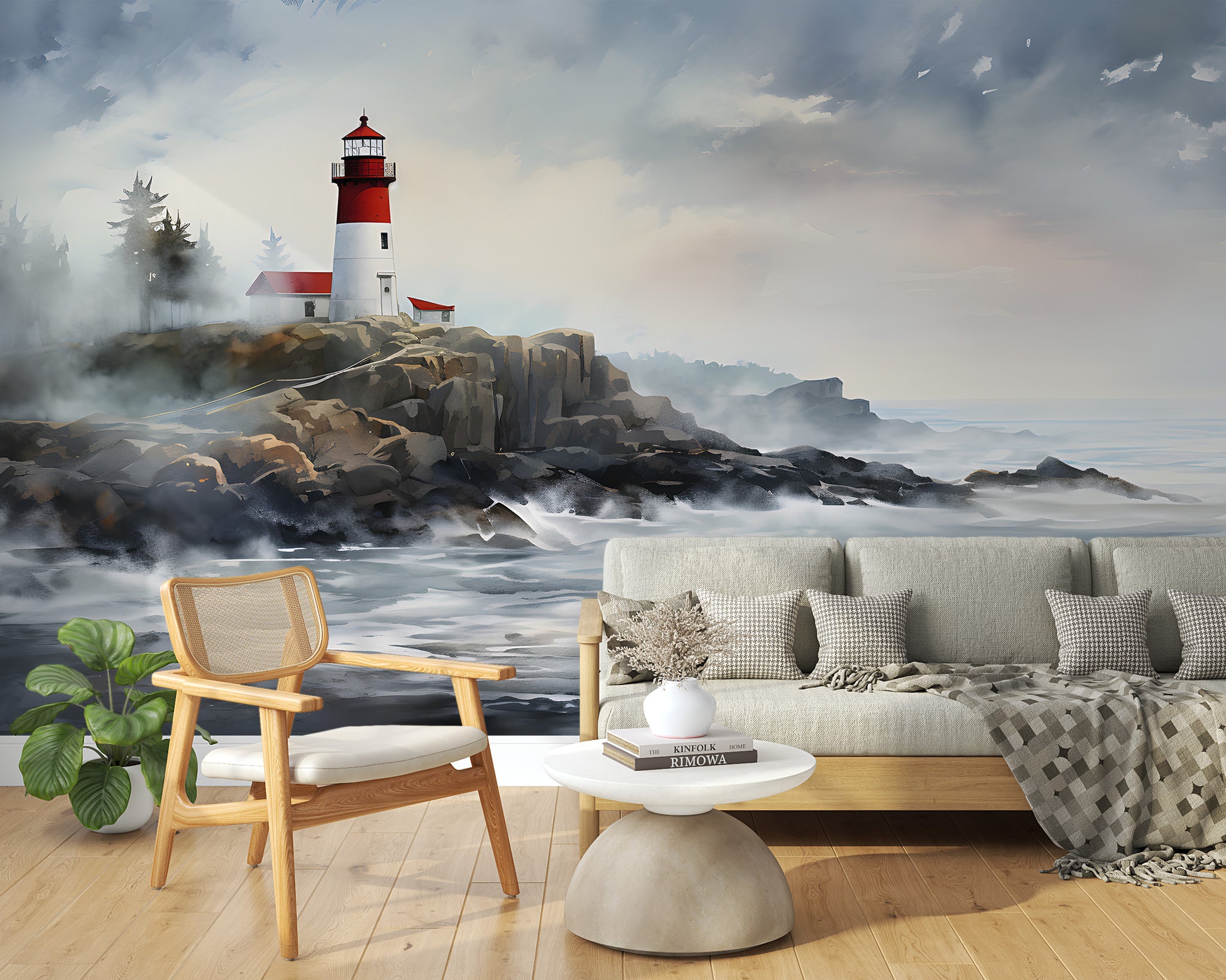 Watercolor Lighthouse Mural | Stormy Landscape Wallpaper