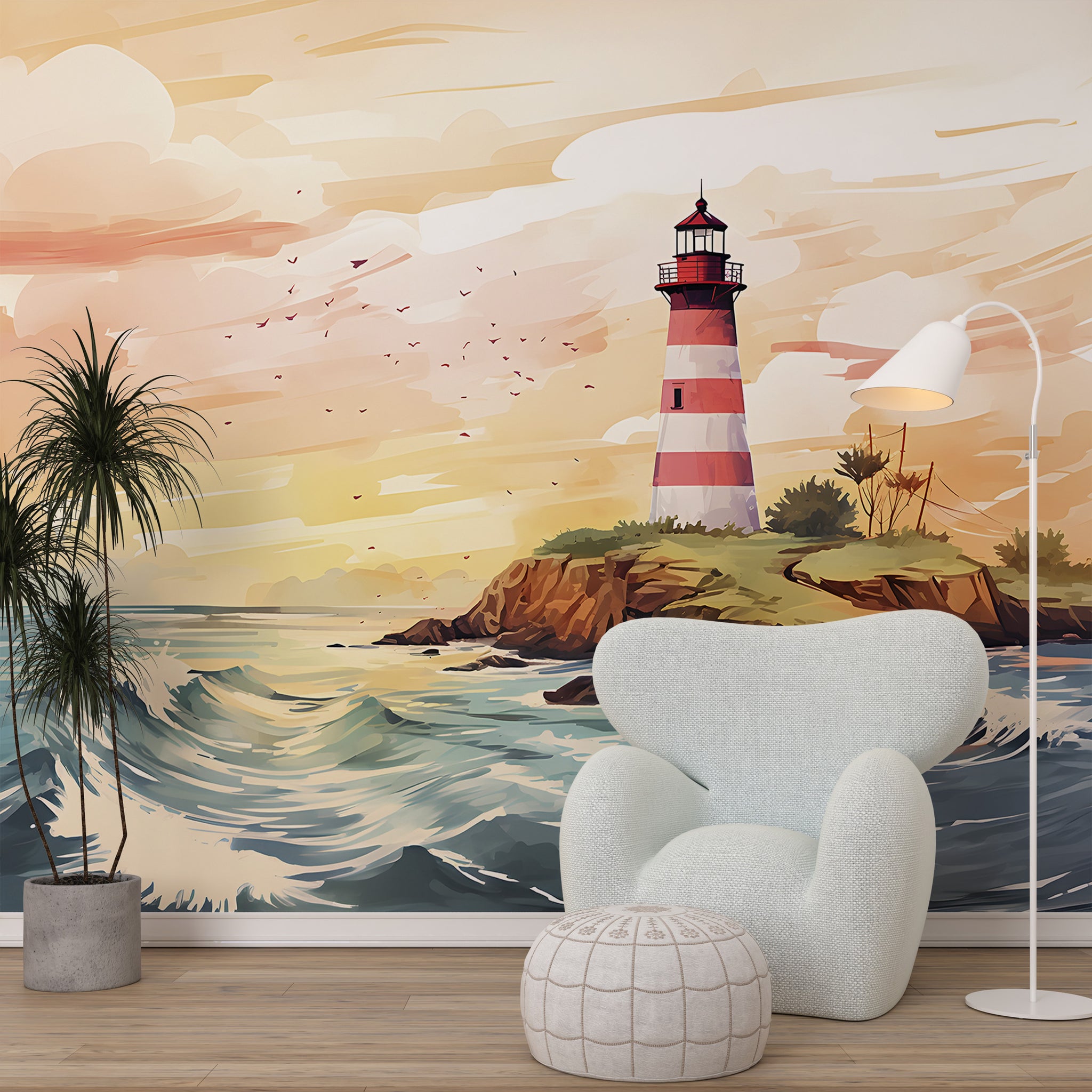 Lighthouse Mural | Watercolor Landscape Wallpaper